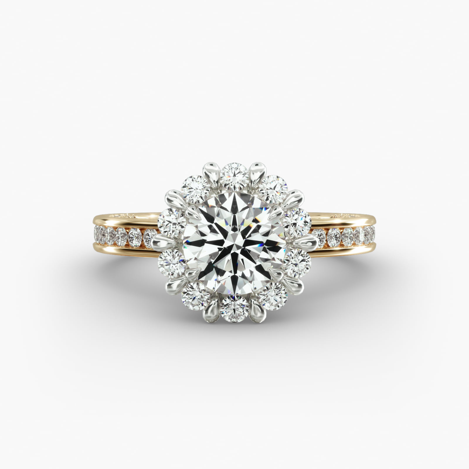 Round Channel Engagement Ring Floral Halo Head