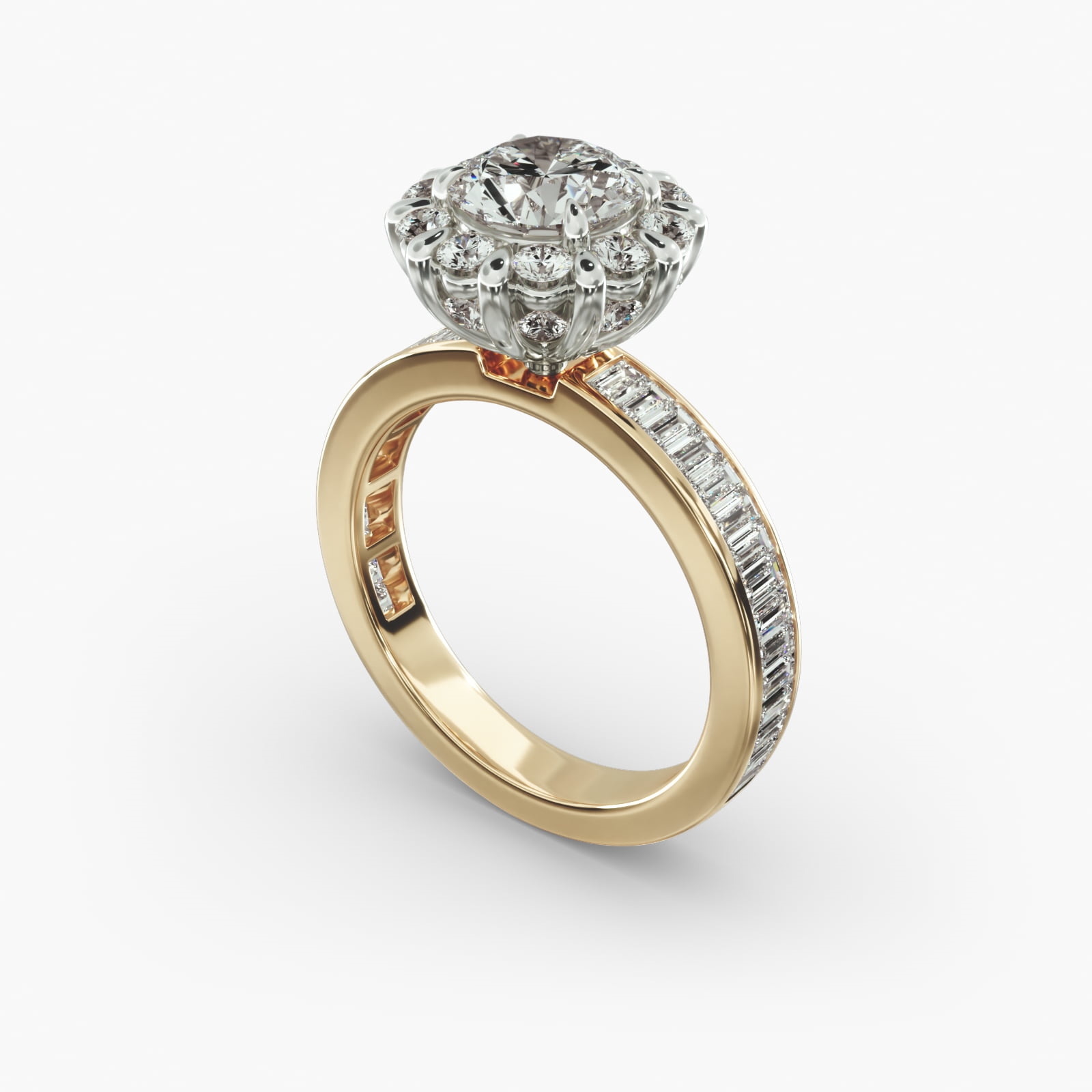 Baguette Channel Engagement Ring Floral Halo Head