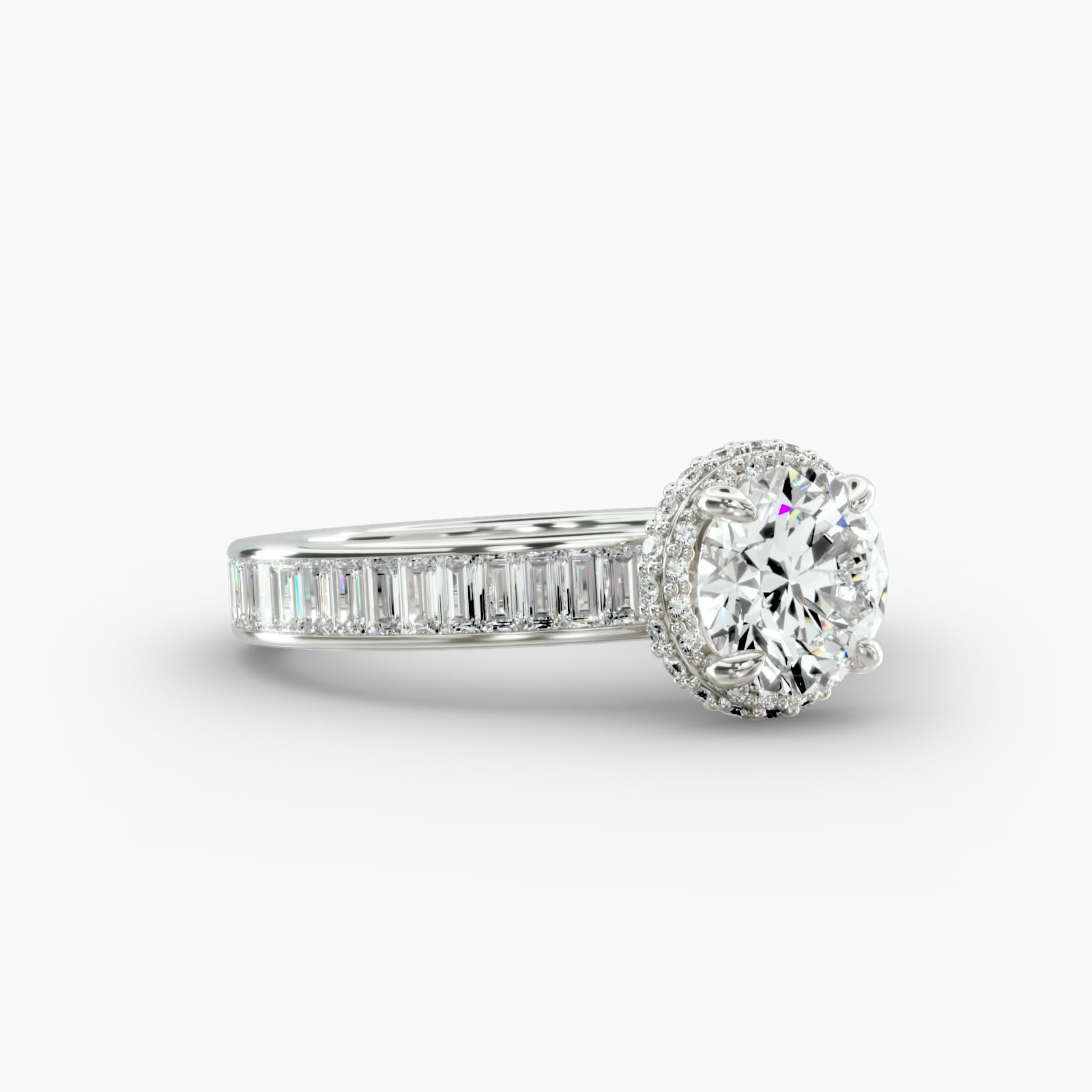 Baguette Channel Engagement Ring Dual Halo Head