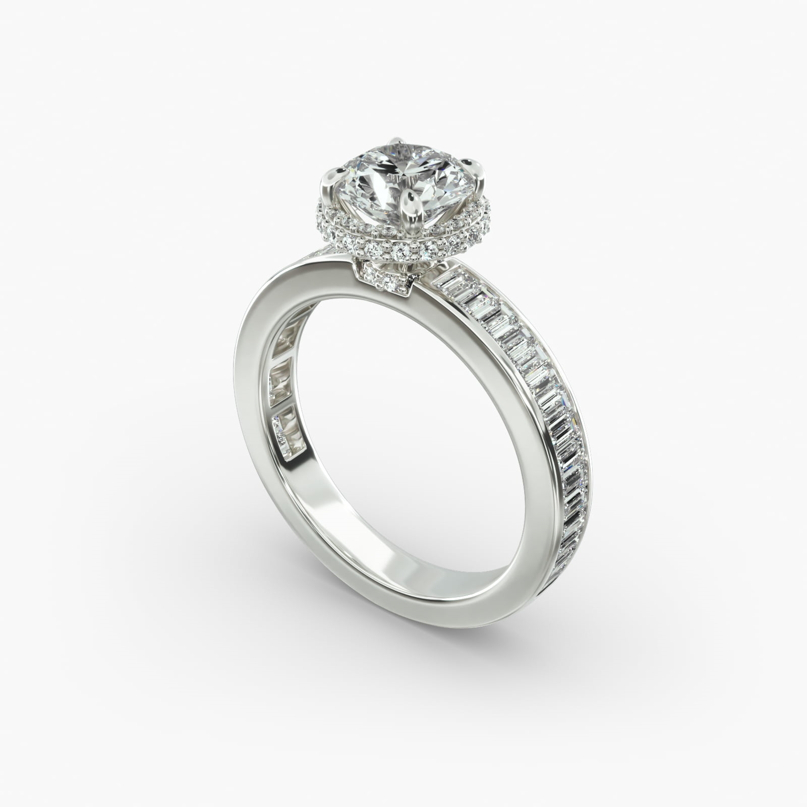 Baguette Channel Engagement Ring Dual Halo Head
