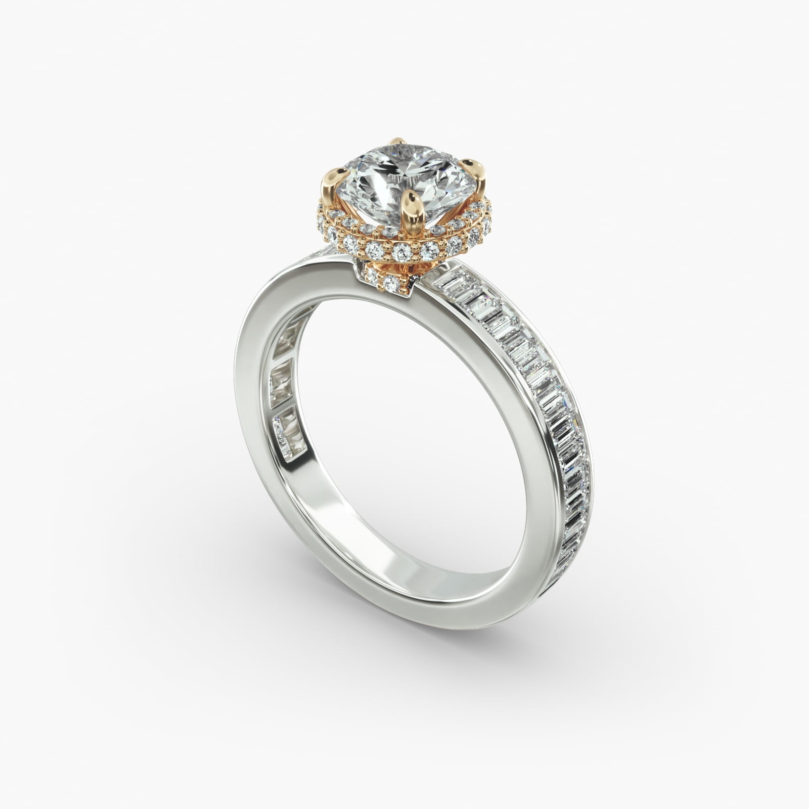 Baguette Channel Engagement Ring Dual Halo Head