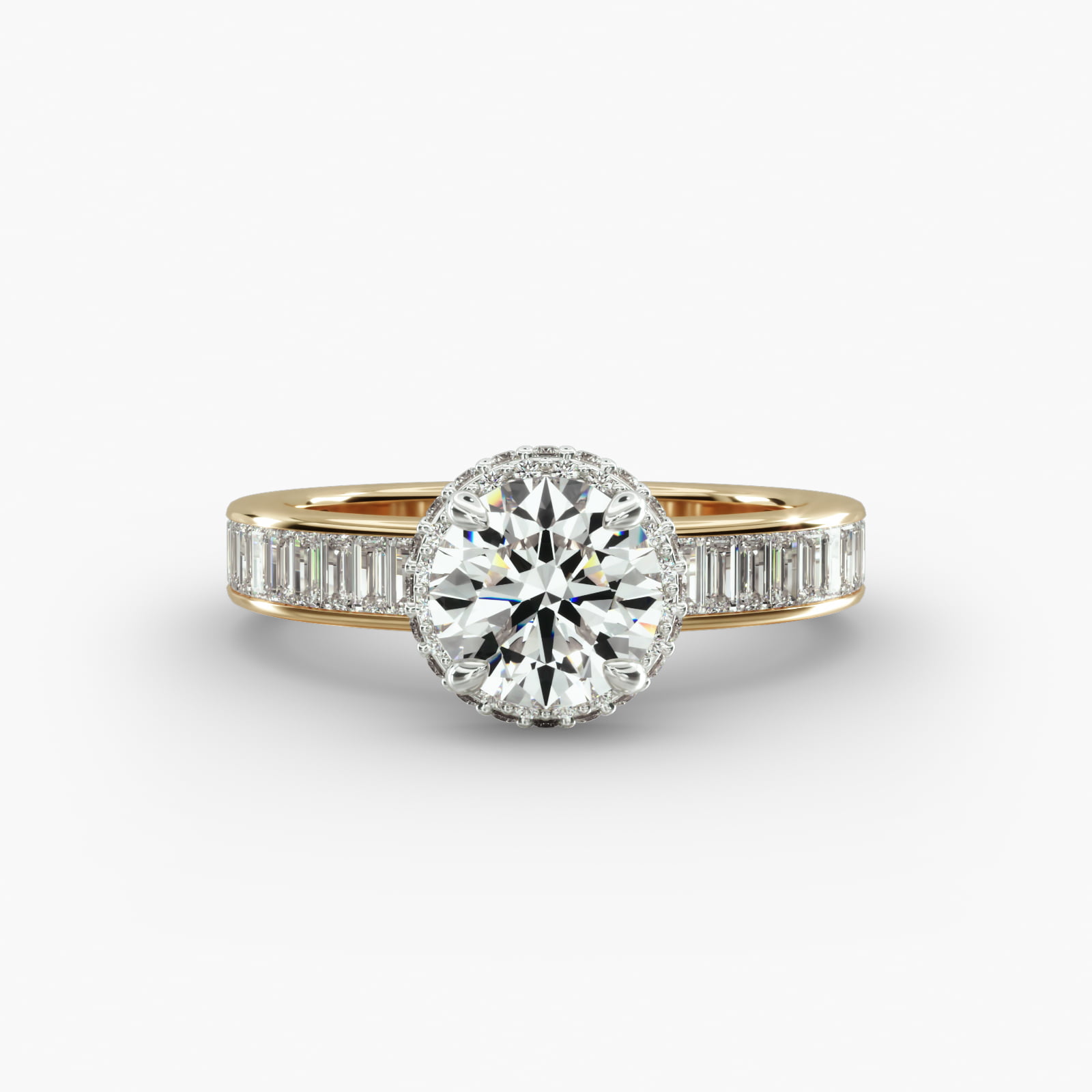 Baguette Channel Engagement Ring Dual Halo Head
