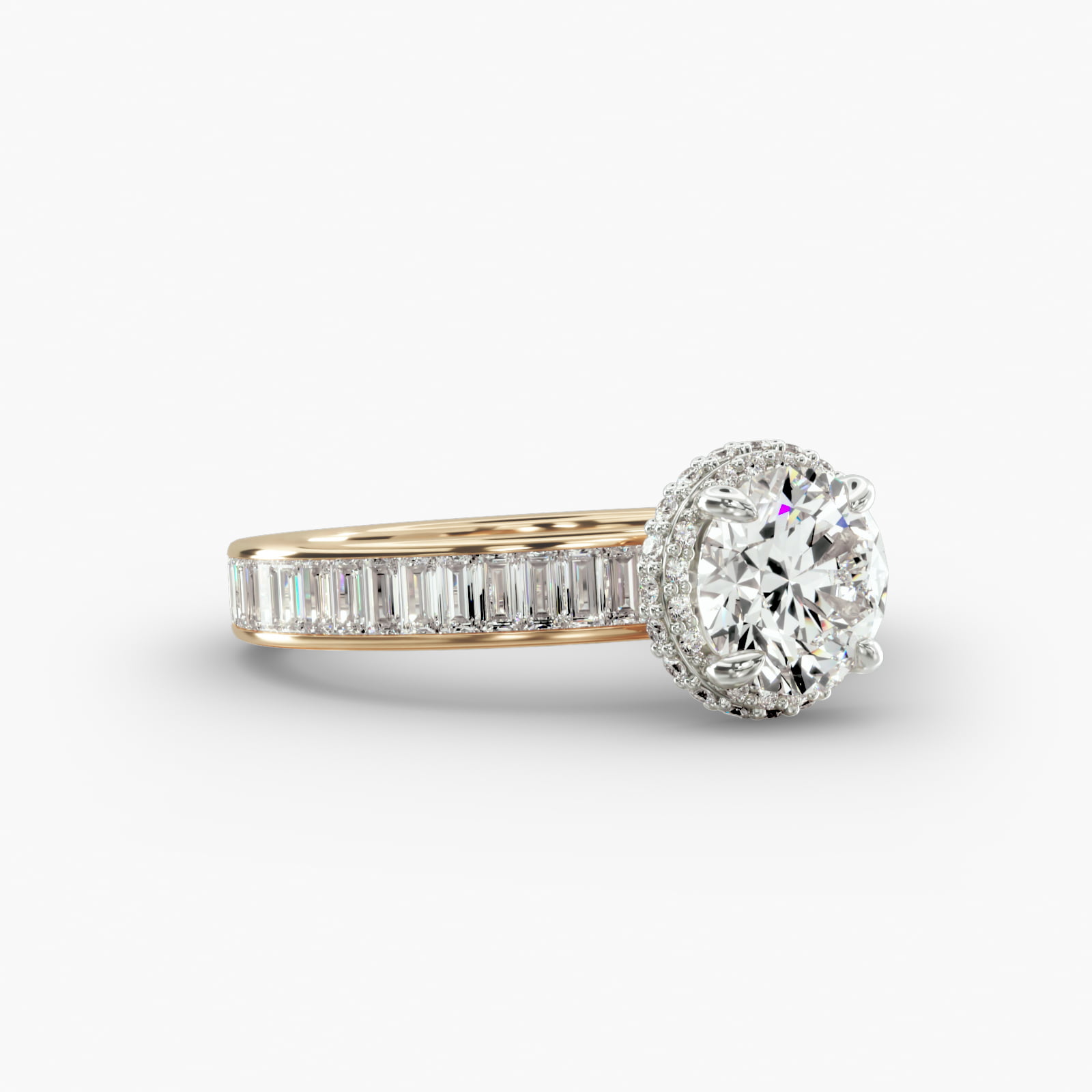 Baguette Channel Engagement Ring Dual Halo Head