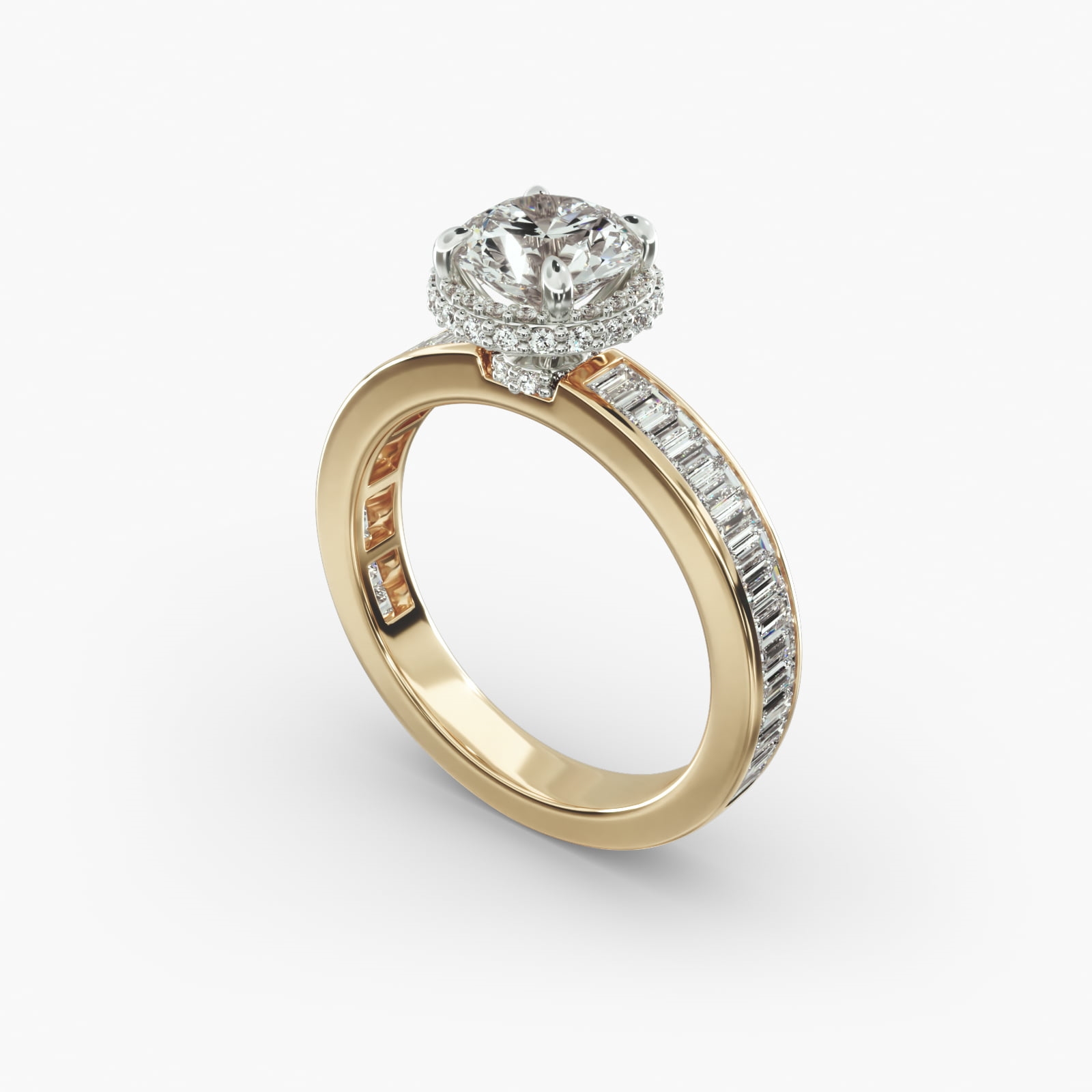 Baguette Channel Engagement Ring Dual Halo Head