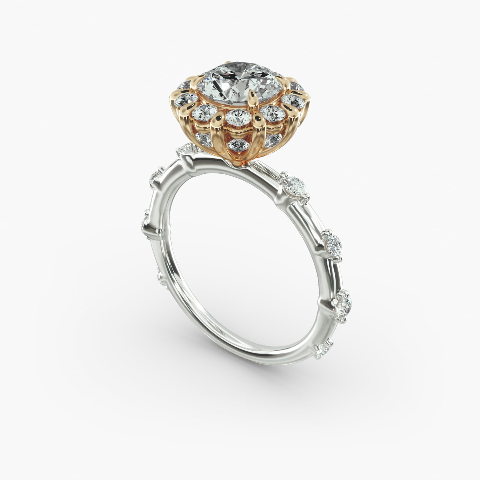 Floating Station Engagement Ring Floral Halo Head