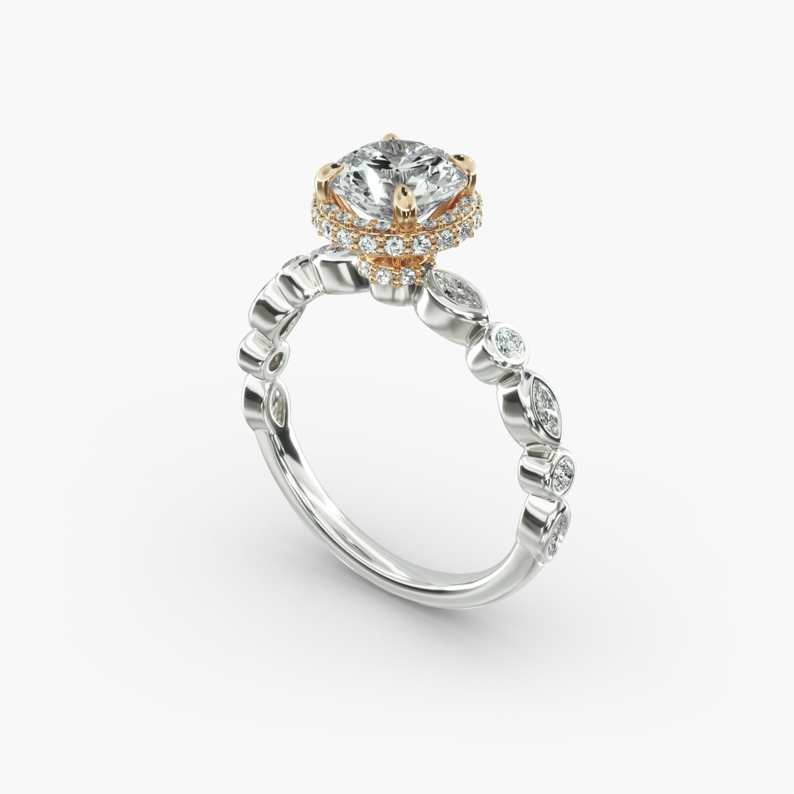 Alternating Marquise Engagement Ring Dual Halo Head