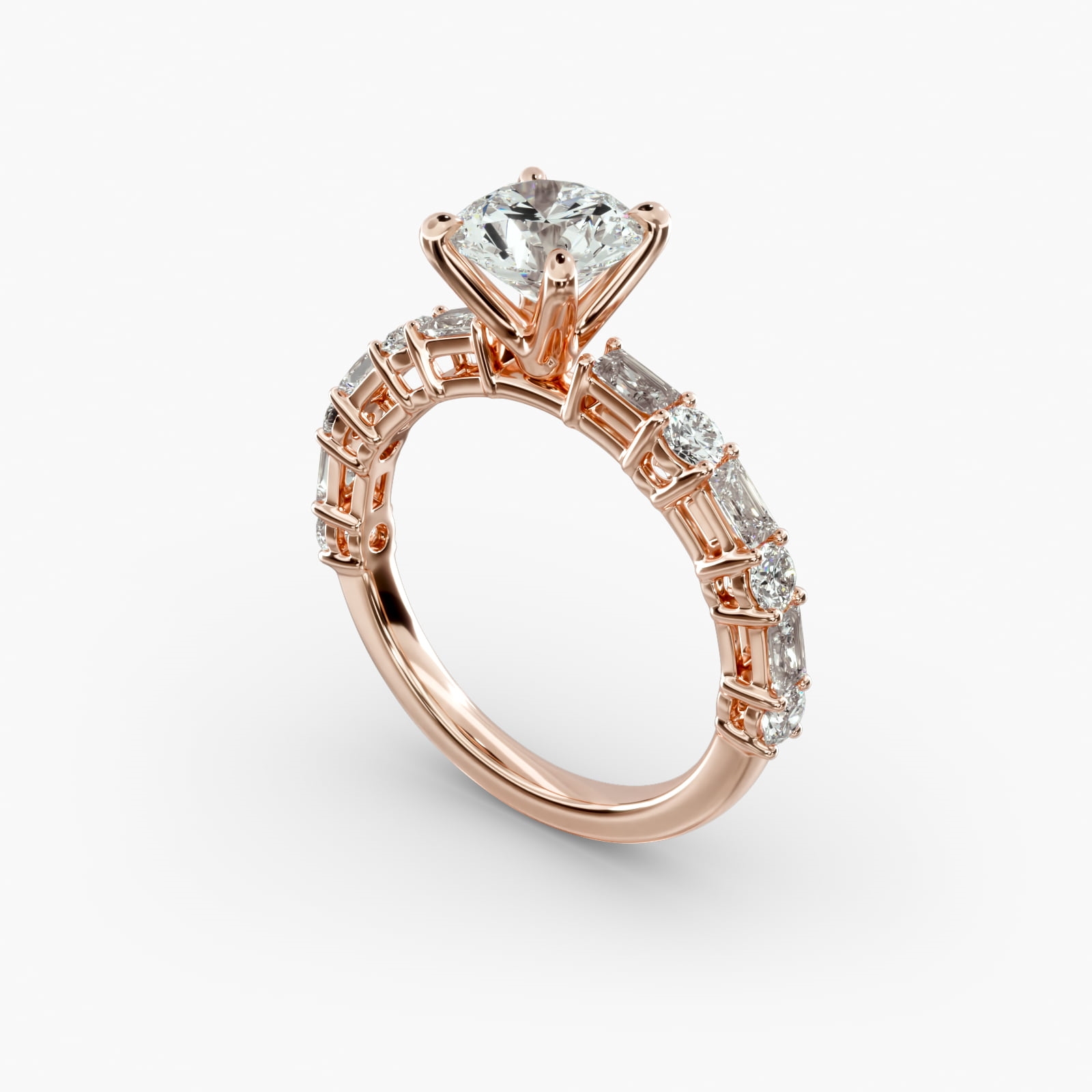 Alternating Baguette Engagement Ring 4-Prong Nouveau Head