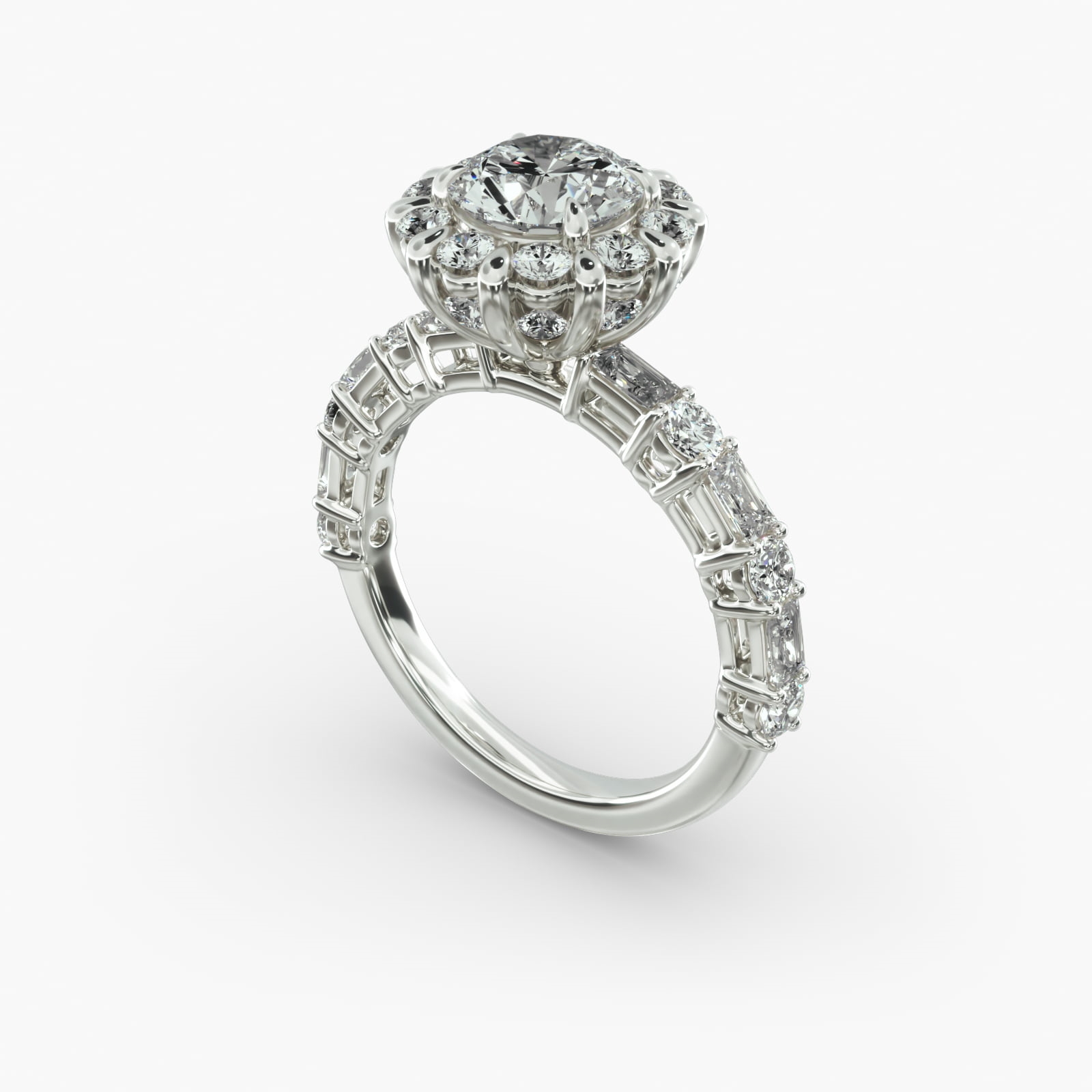 Alternating Baguette Engagement Ring Floral Halo Head