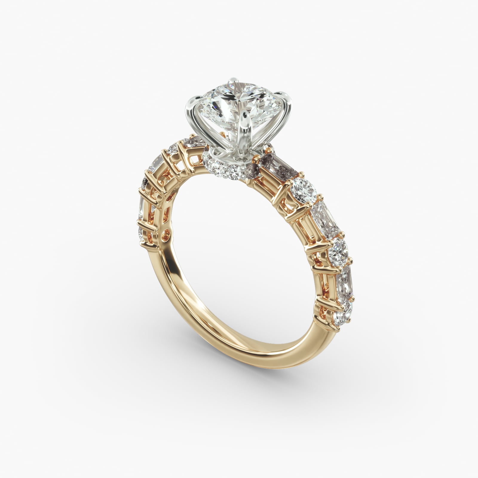 Alternating Baguette Engagement Ring Hidden Halo Head