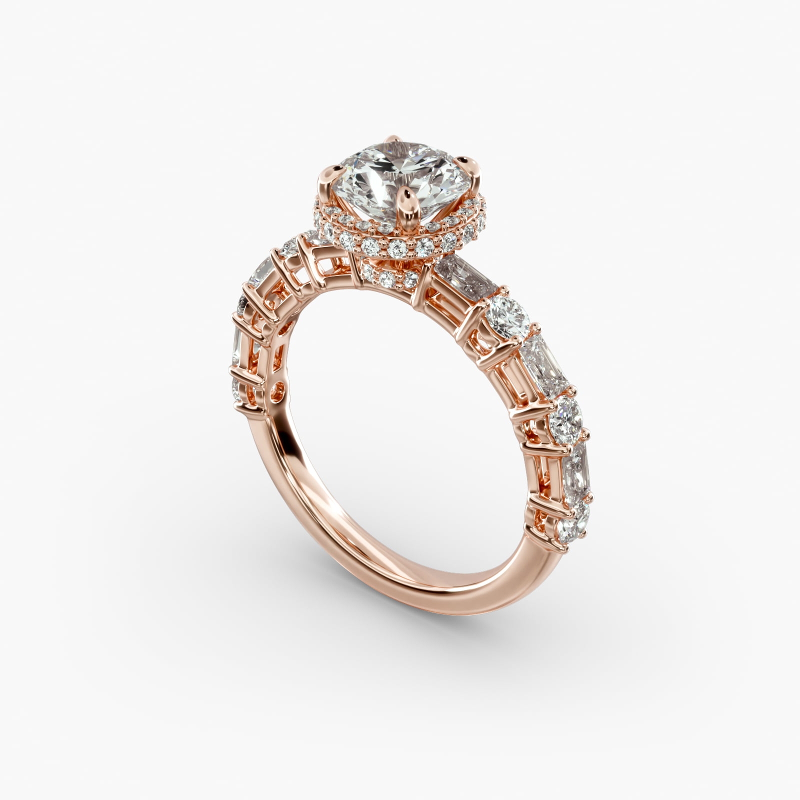 Alternating Baguette Engagement Ring Dual Halo Head