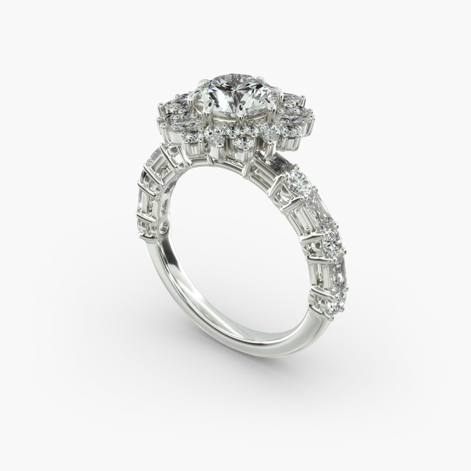 Alternating Baguette Engagement Ring Fancy Halo Head