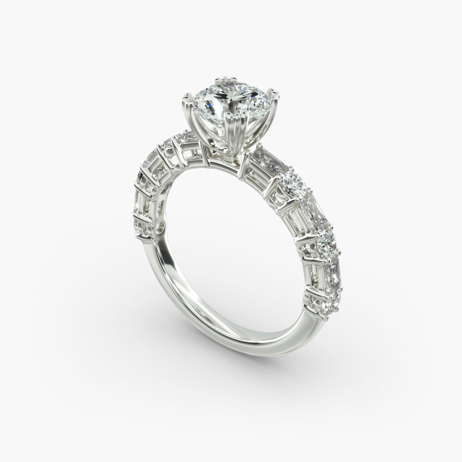 Alternating Baguette Engagement Ring Vintage Trefoil Head