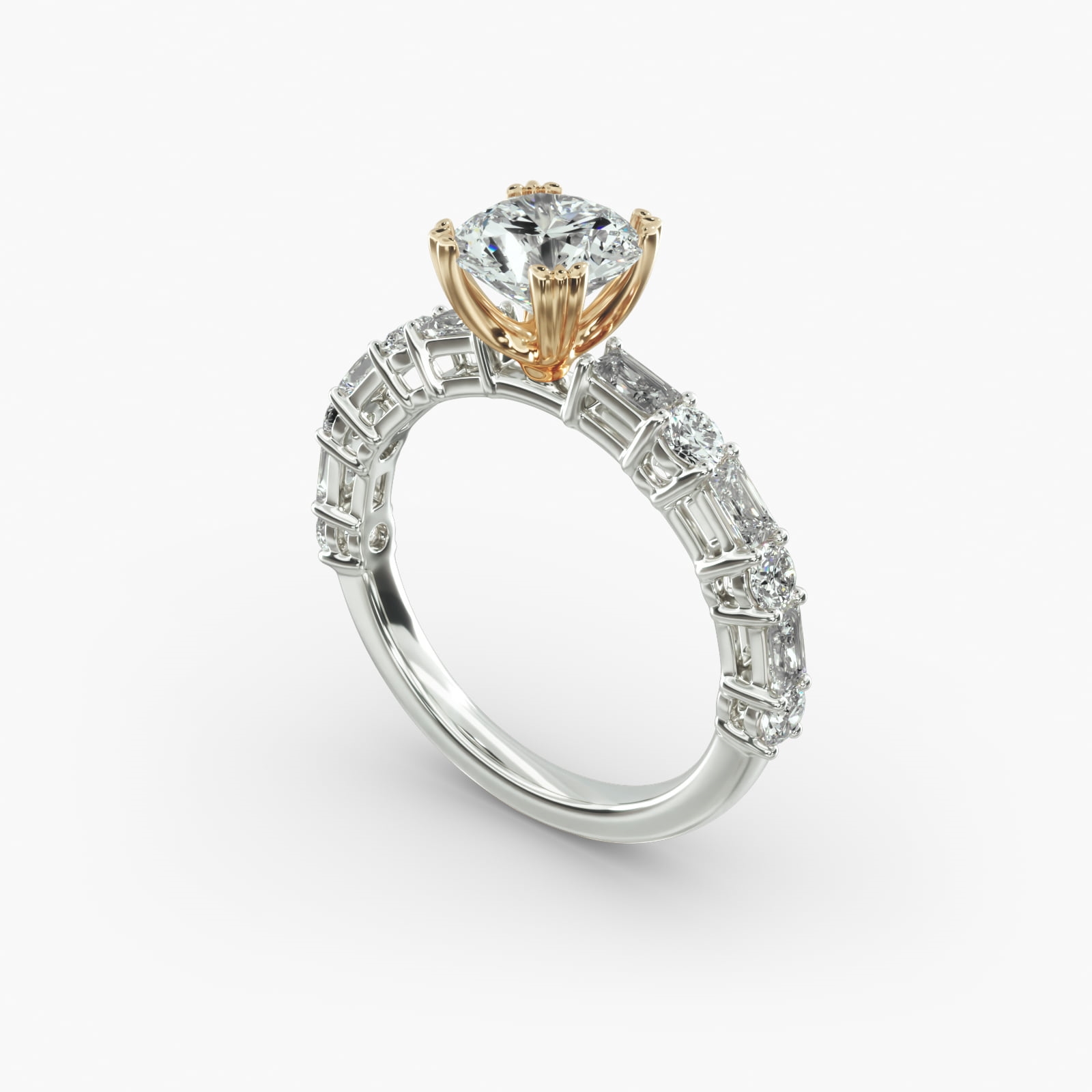 Alternating Baguette Engagement Ring Vintage Trefoil Head