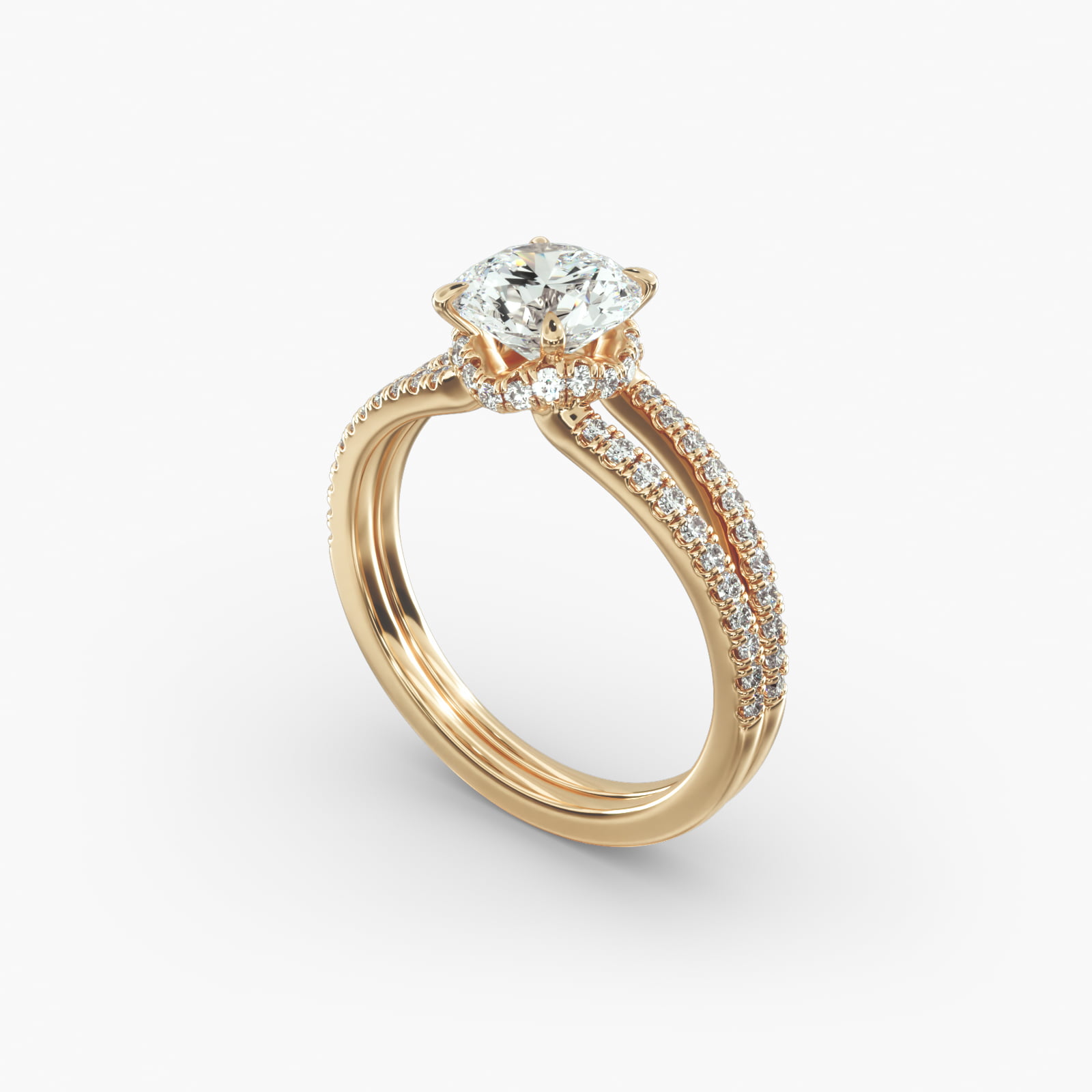 Split Shank Ribbon Diamond Pavé Engagement Ring In 14K Yellow Gold