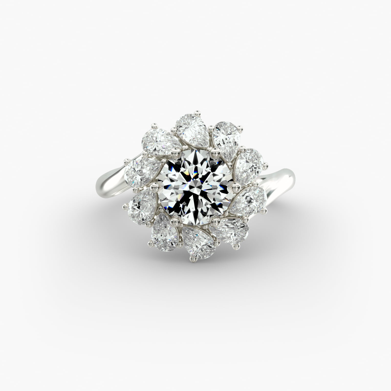 Fancy Pear Shape Whirling Diamond Halo Engagement Ring In Platinum