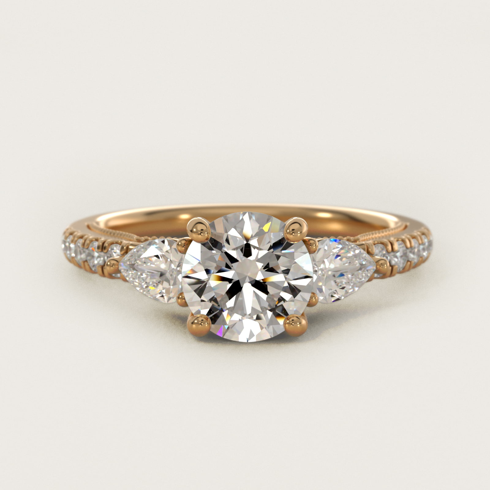 Lace Bridge Three Stone and Pave Diamond Engagement Ring in 14k Yellow ...