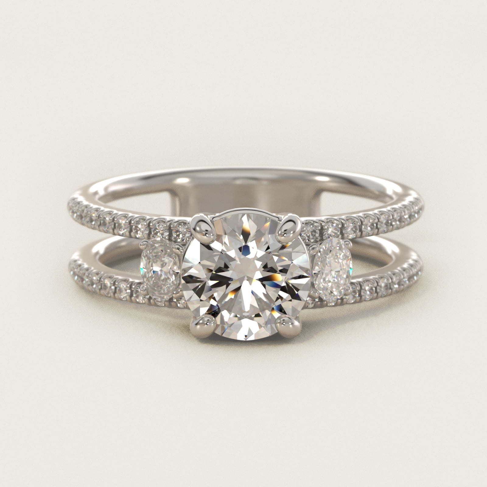 Three Stone Oval Duet Shank Diamond Engagement Ring in 18k White Gold