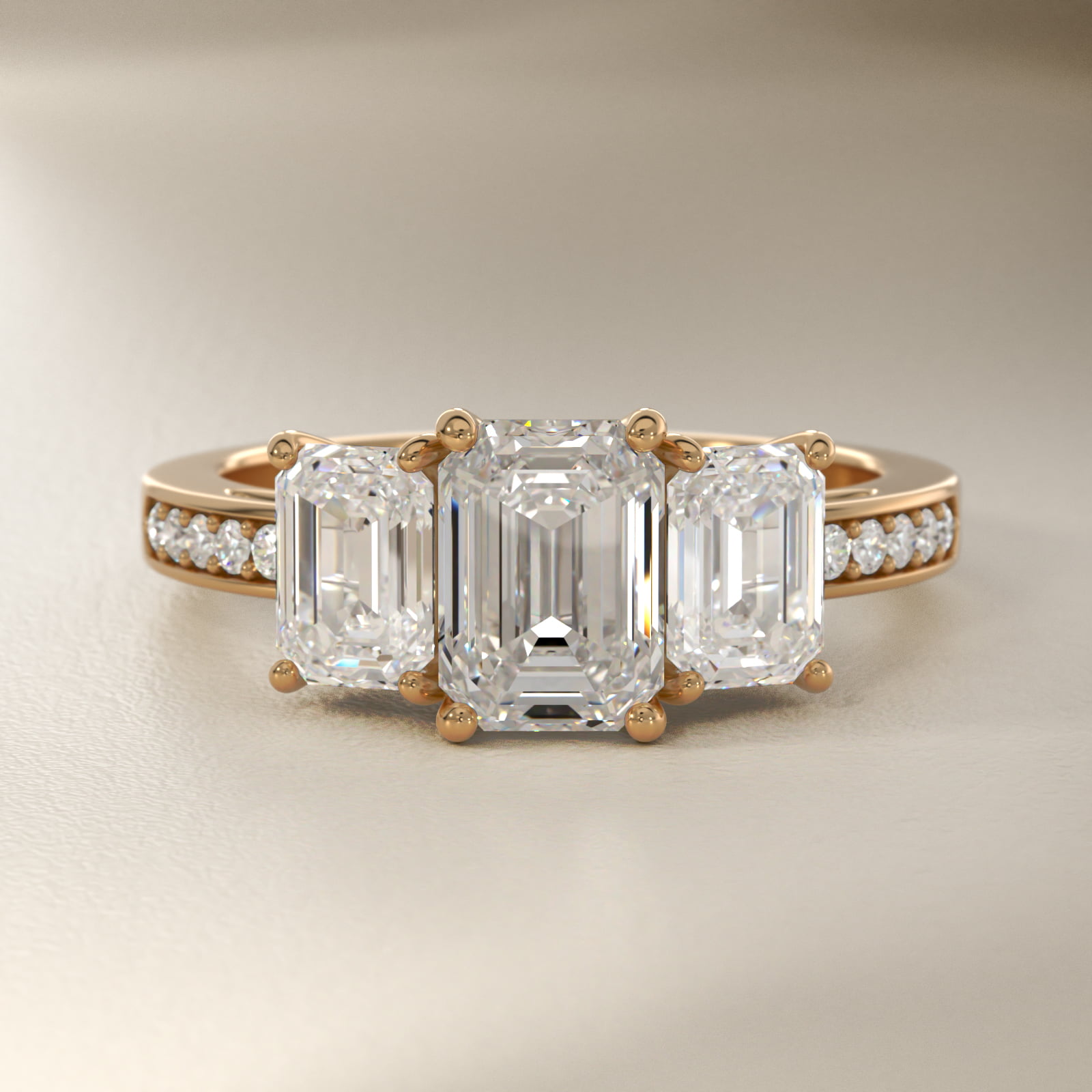 Emerald Cut Diamond Three Stone Engagement Ring With Pavé Set Diamonds ...