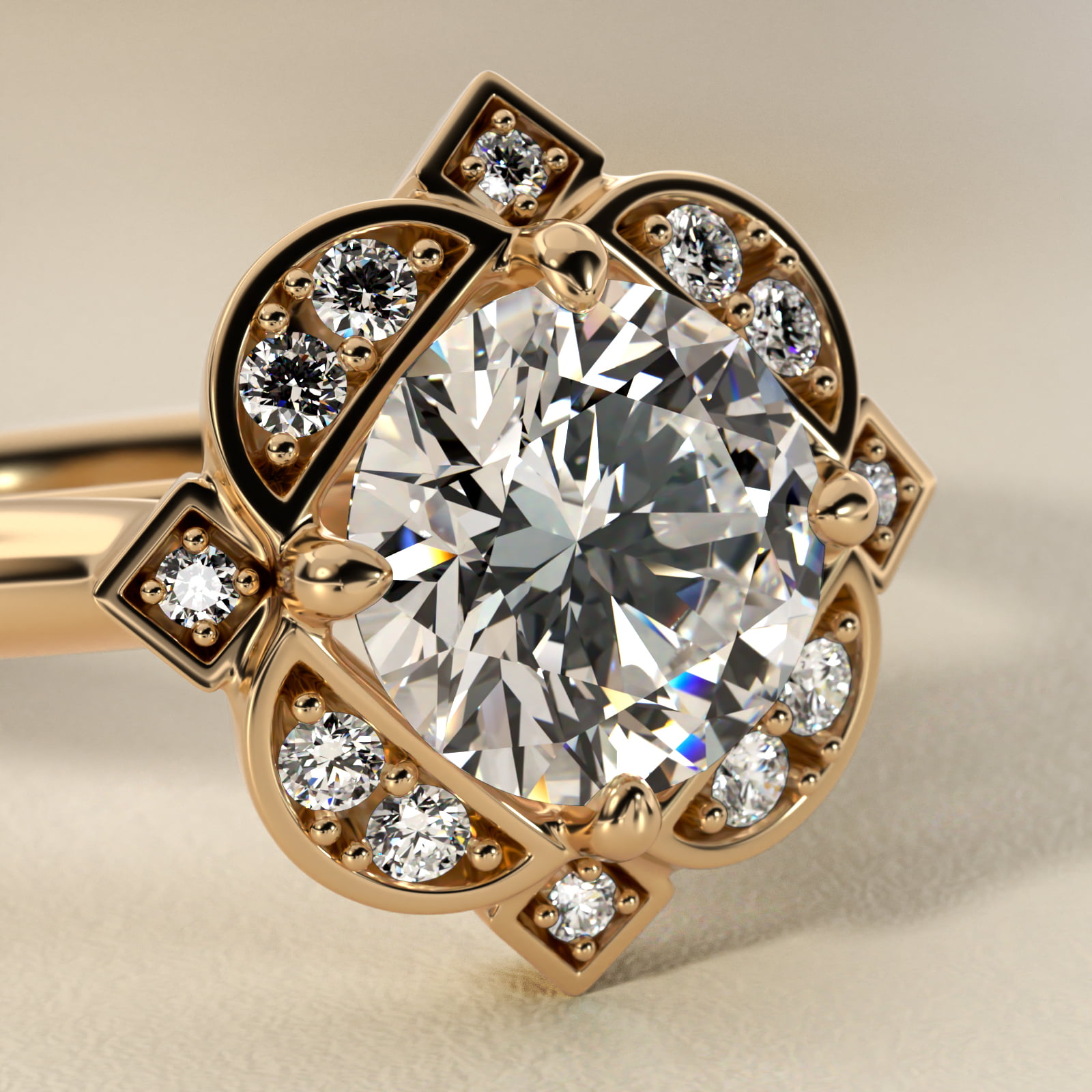 Art Deco Inspired Floral Halo Vintage-Style Engagement Ring In 14K ...