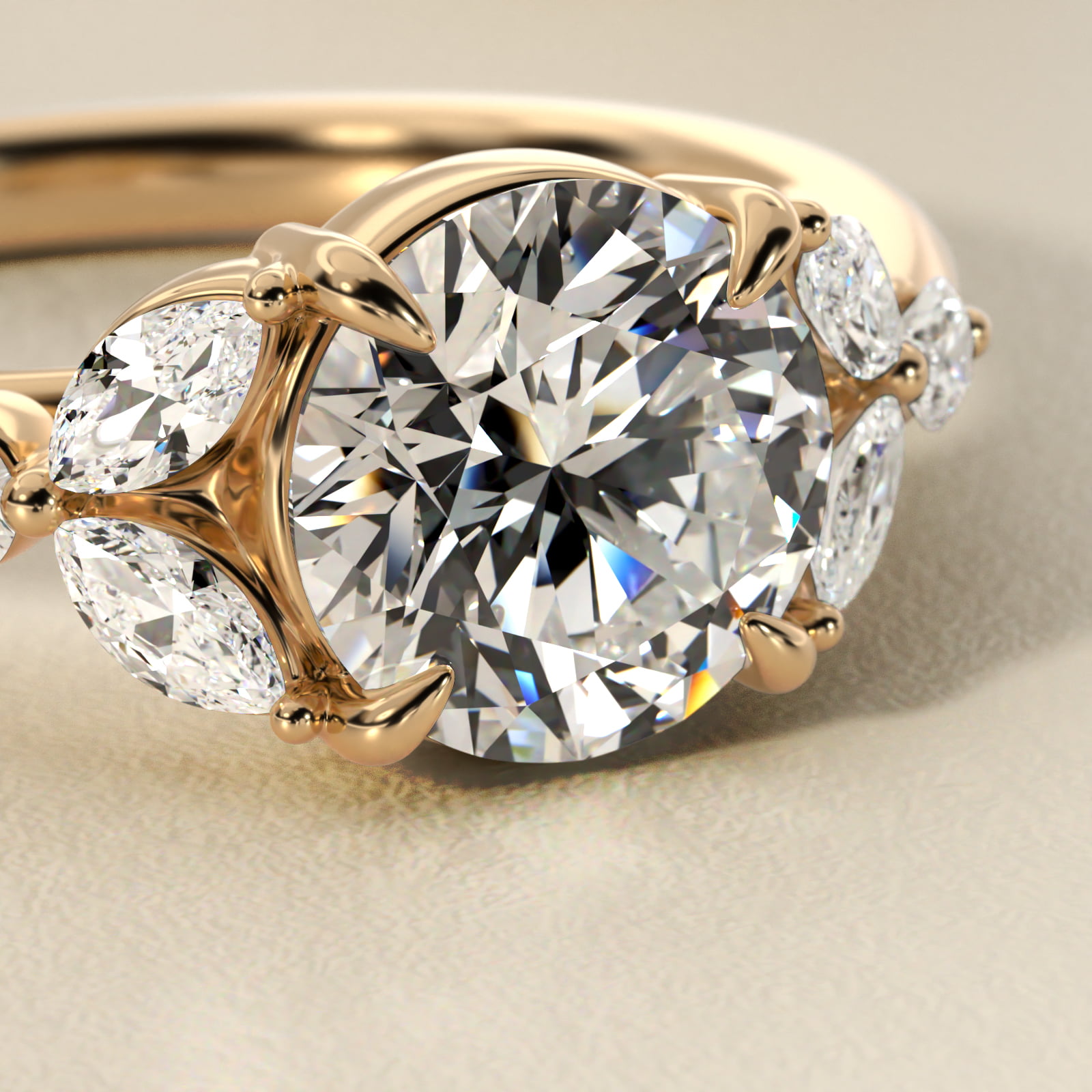 Laurel Leaves Side Stone Diamond Engagement Ring In 14K Yellow Gold