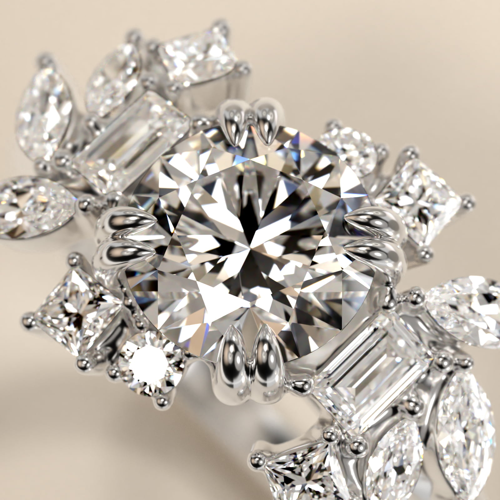 Faceted Side Stone Diamond Engagement Ring In Platinum