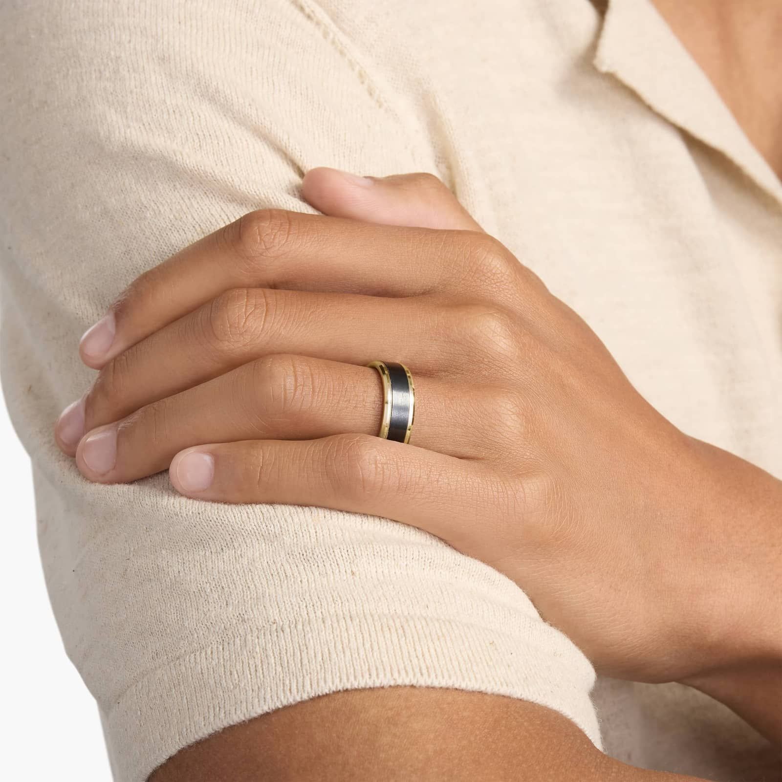 Satin Finish Wedding Ring in Black Titanium and 14k Yellow Gold (7mm)