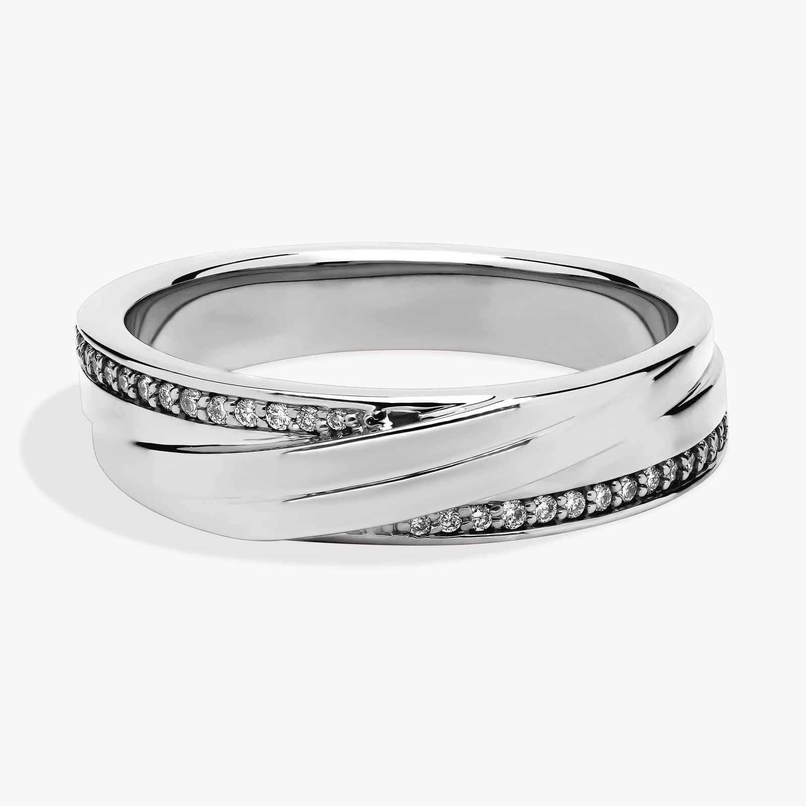 Diagonal Lined with Pavé Diamond Edge Men's Wedding Ring in Platinum (1/8 ct. tw.)