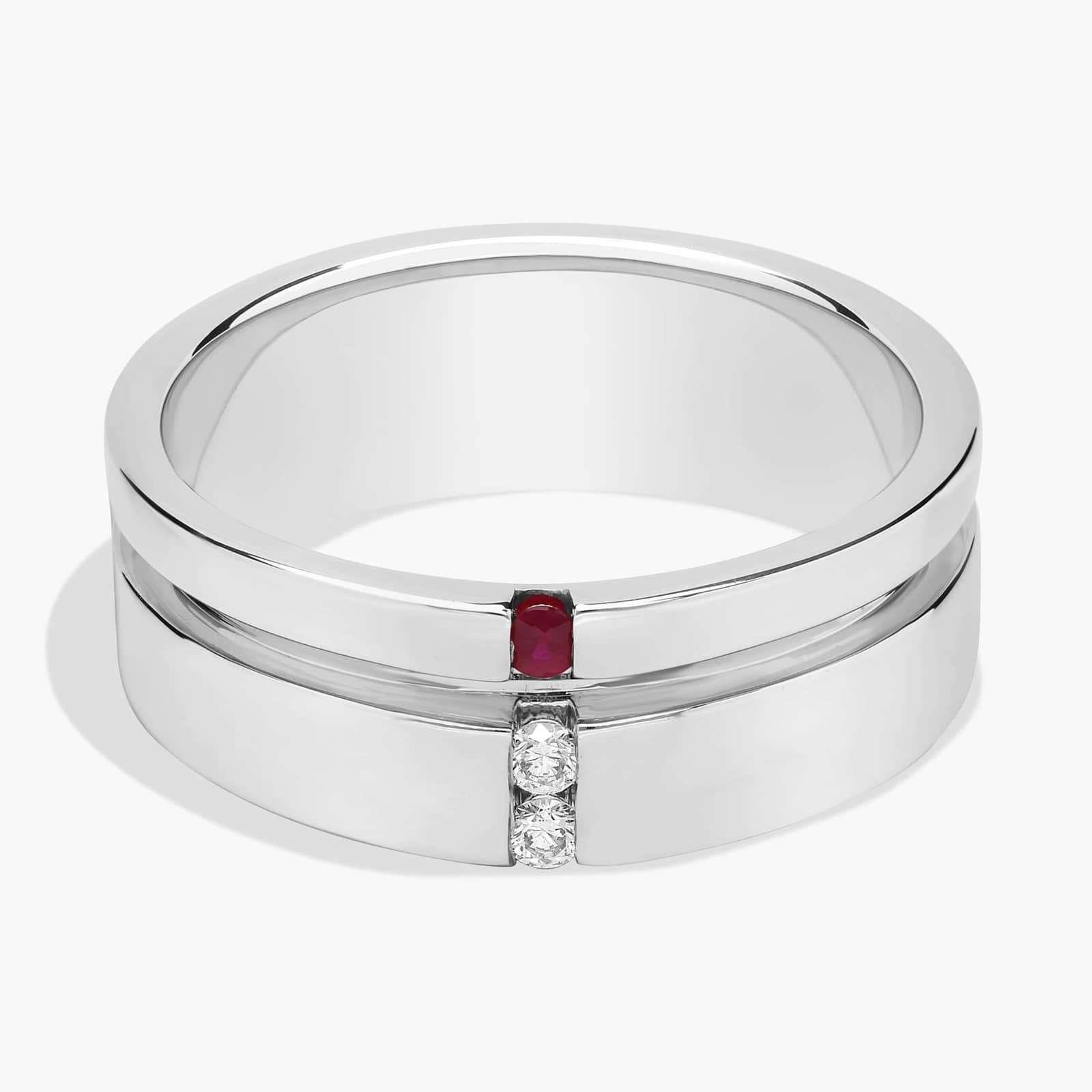 Men's Diamond and Ruby Grooved Wedding Band in 14k White Gold (7.5 mm)