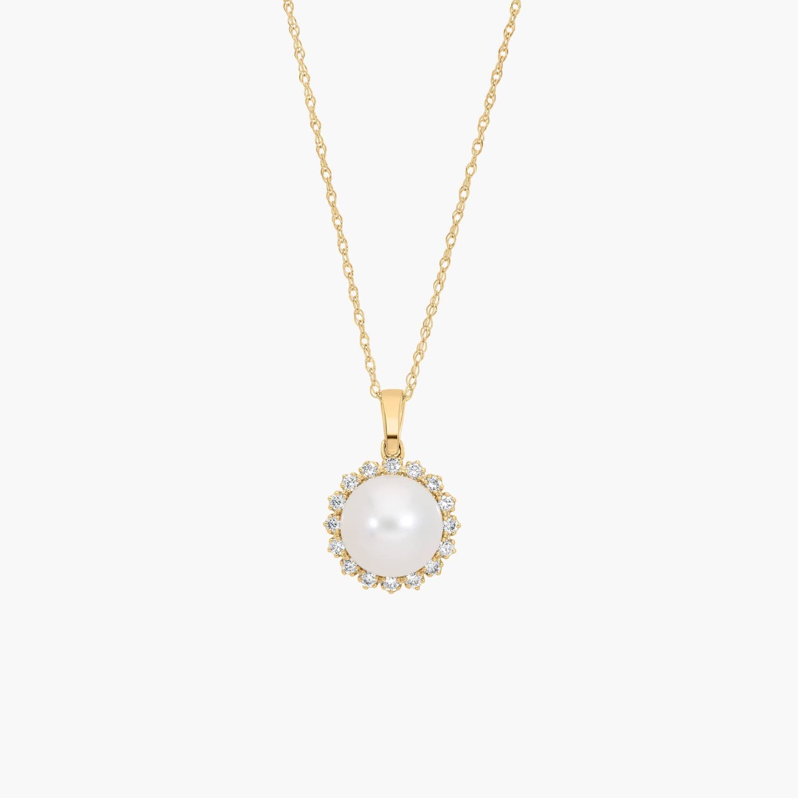 Pearl and Diamond Halo Pendant Necklace in 14K Yellow Gold